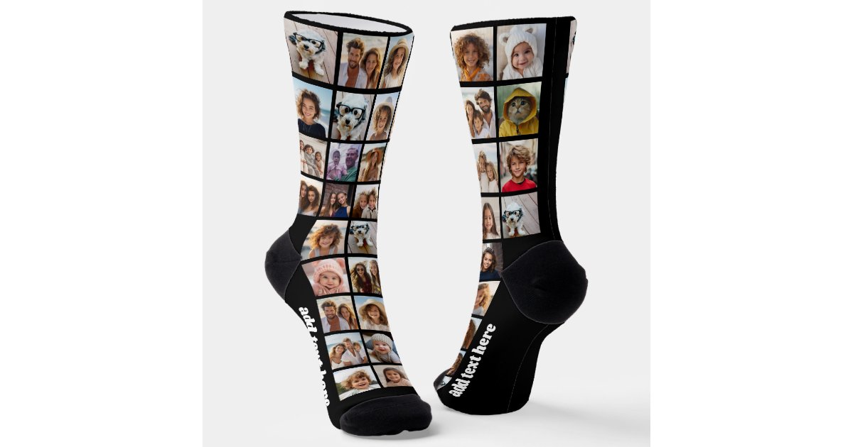 35 Photos - pic grid all over with one line text Socks | Zazzle