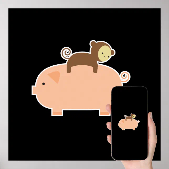 35" x 35" Baby Monkey Riding on a Pig Poster | Zazzle