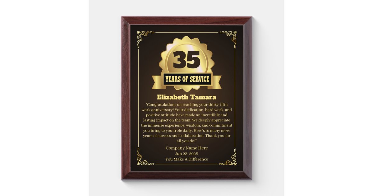 35 years employee anniversary Appreciation Message Award Plaque | Zazzle