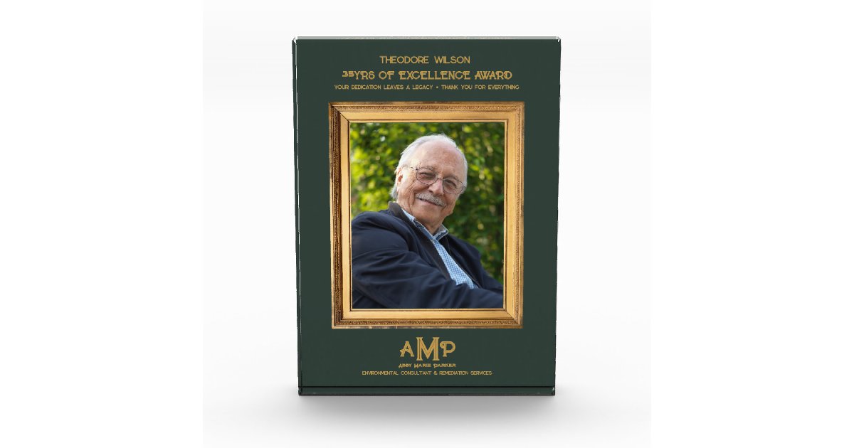 35 Years of Excellence Green Gold Monogram Photo Acrylic Award | Zazzle