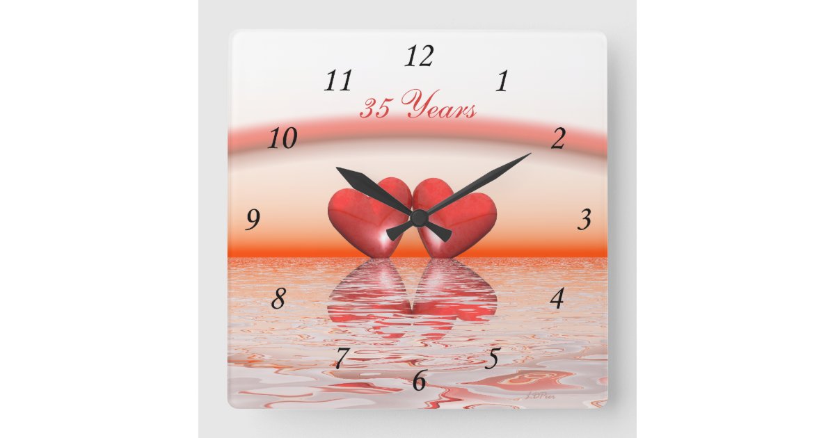 35th Anniversary Coral Hearts Square Wall Clock | Zazzle