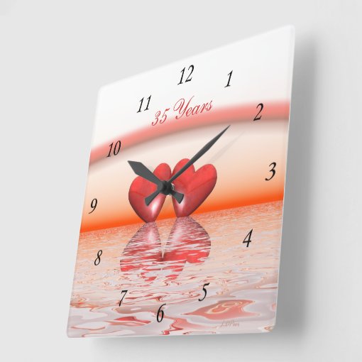 35th Anniversary Coral Hearts Square Wall Clock | Zazzle