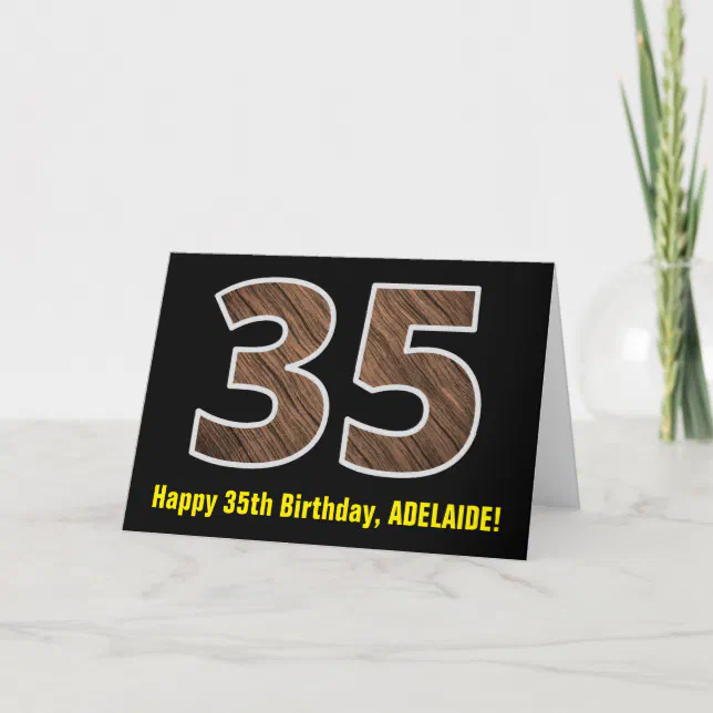 35th Birthday: Name + Faux Wood Grain Pattern "35" Card | Zazzle
