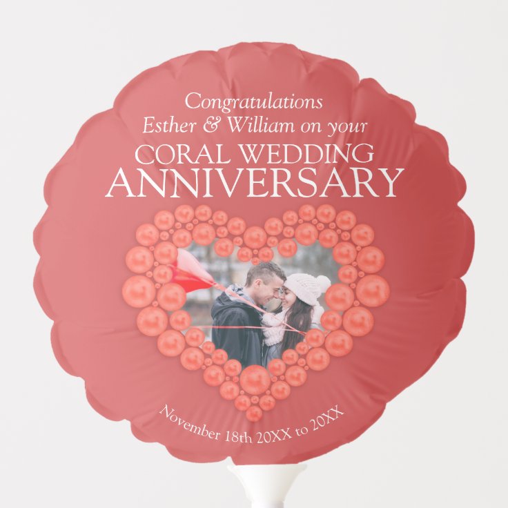 35th wedding anniversary coral heart custom photo balloon | Zazzle