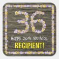 36th Birthday: Floral Number, Faux Wood Look, Name Square Sticker | Zazzle