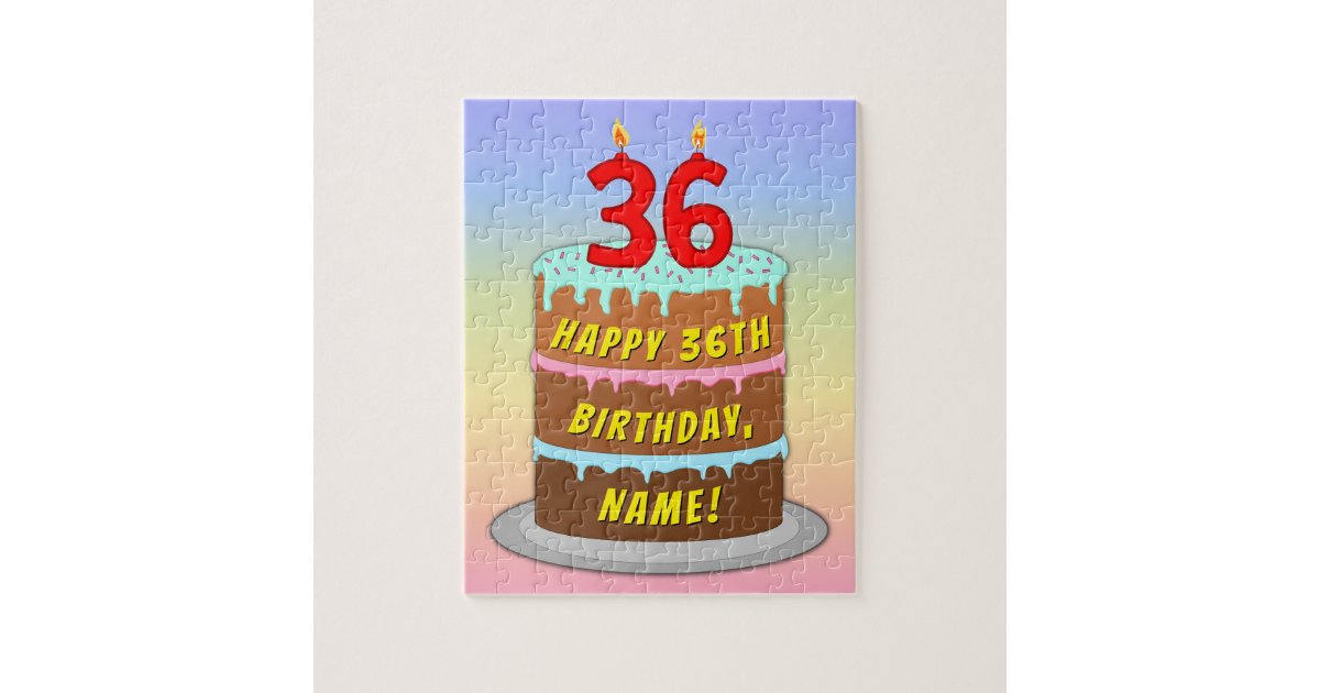 36th Birthday: Fun Cake and Candles + Custom Name Jigsaw Puzzle | Zazzle