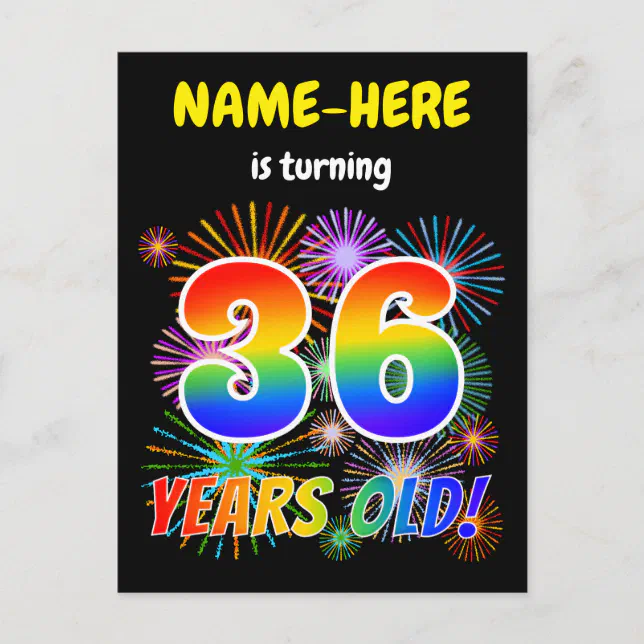 36th Birthday - Fun Fireworks, Rainbow Look "36" Postcard | Zazzle
