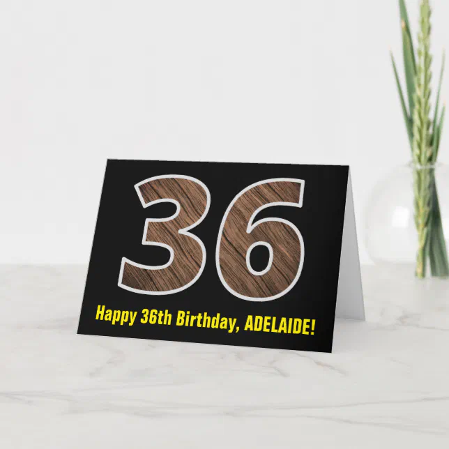 36th Birthday: Name + Faux Wood Grain Pattern "36" Card | Zazzle
