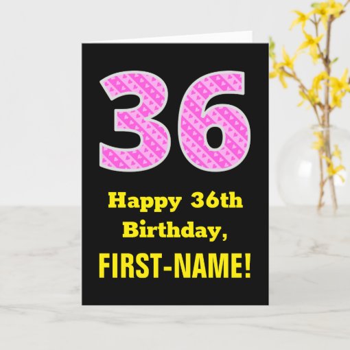 36th Birthday: Pink Stripes and Hearts "36" + Name Card | Zazzle