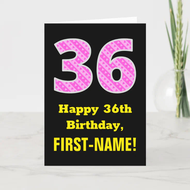 36th Birthday: Pink Stripes and Hearts "36" + Name Card | Zazzle