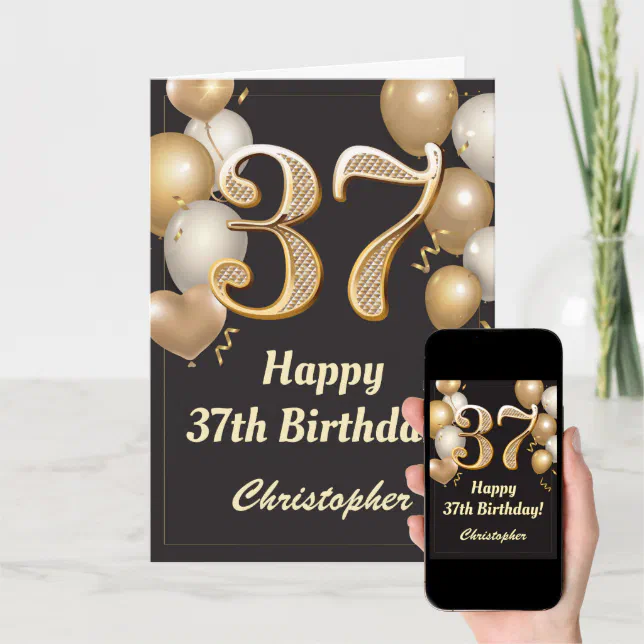 37th Birthday Black and Gold Balloons Confetti Card | Zazzle