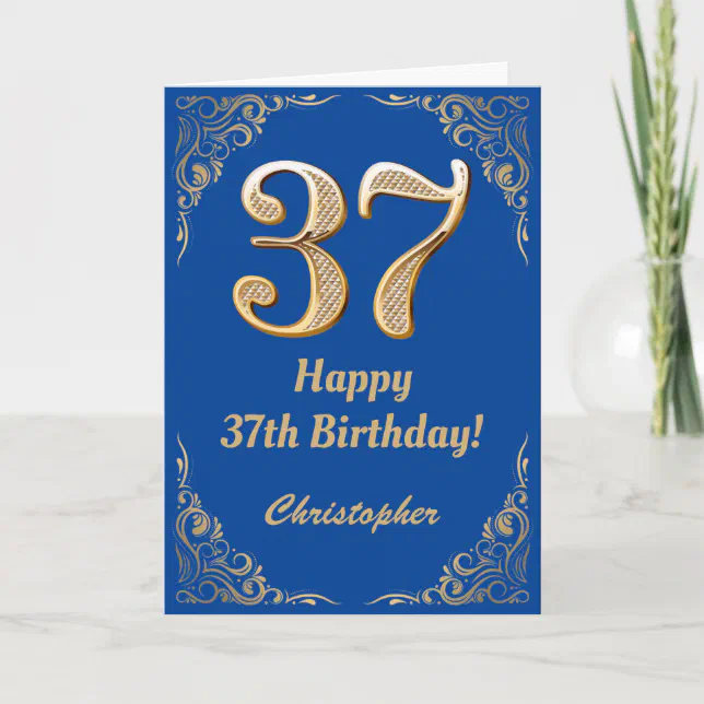37th Birthday Blue and Gold Glitter Frame Card | Zazzle