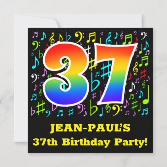37th Birthday Party: Fun Music Symbols, Rainbow 37 Invitation | Zazzle