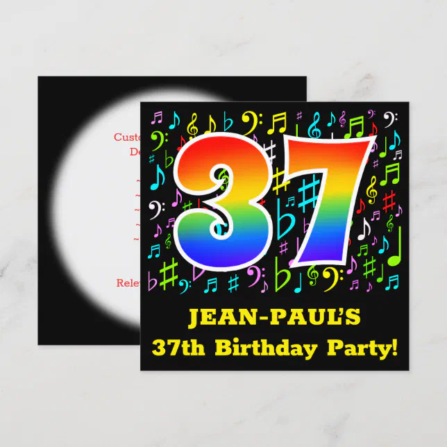 37th Birthday Party: Fun Music Symbols, Rainbow 37 Invitation | Zazzle