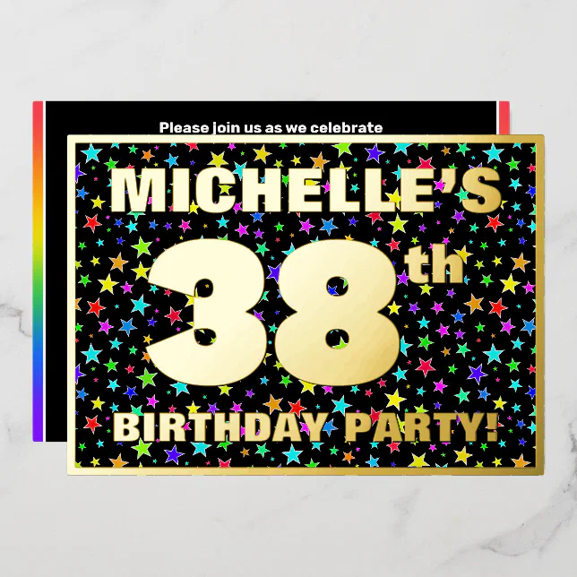 38th Birthday Party — Fun, Colorful Stars Pattern Foil Invitation | Zazzle