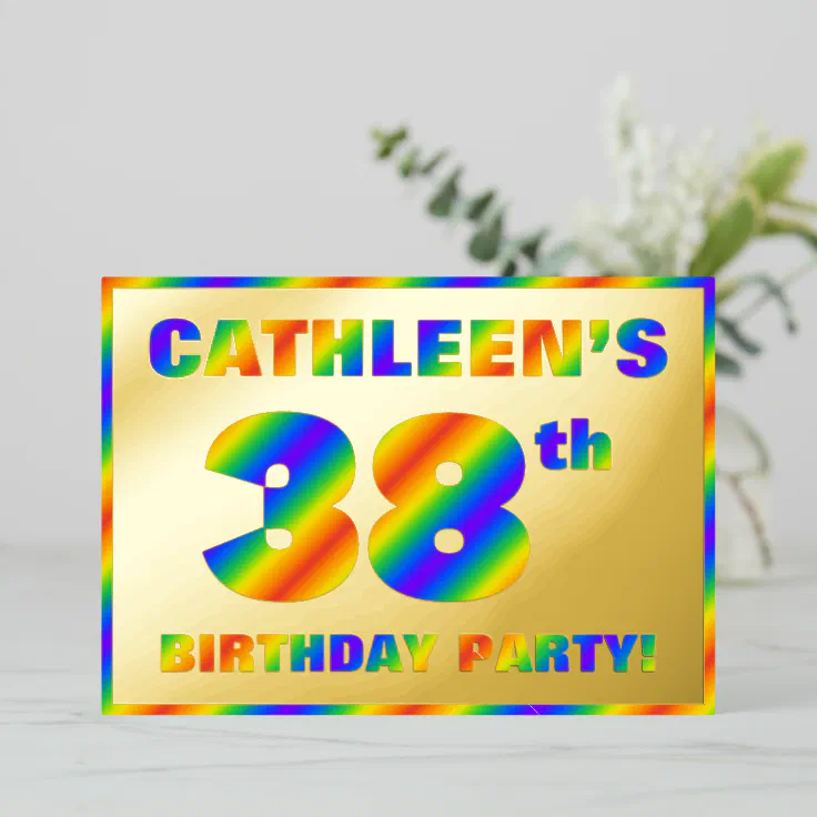 38th Birthday Party — Fun, Rainbow Spectrum “38” Foil Invitation | Zazzle