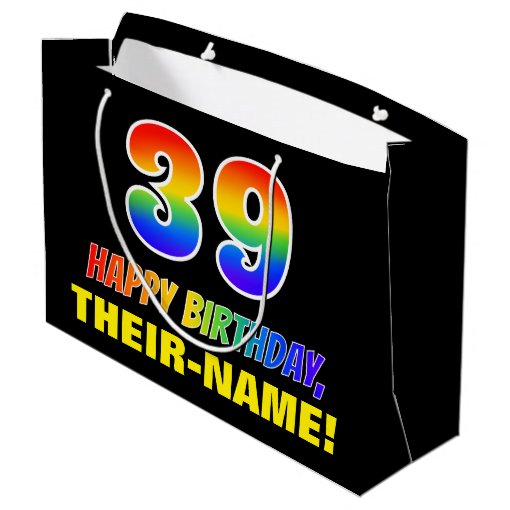 39th Birthday: Bold, Fun, Simple, Rainbow 39 Large Gift Bag | Zazzle