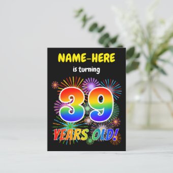 39th Birthday - Fun Fireworks, Rainbow Look "39" Postcard | Zazzle