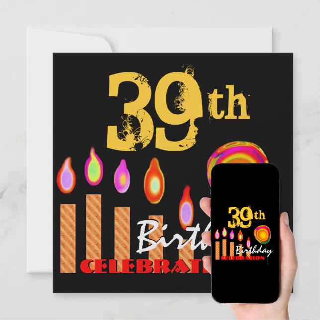 39th Birthday Gold Candles and Balloon Metallic Invitation | Zazzle