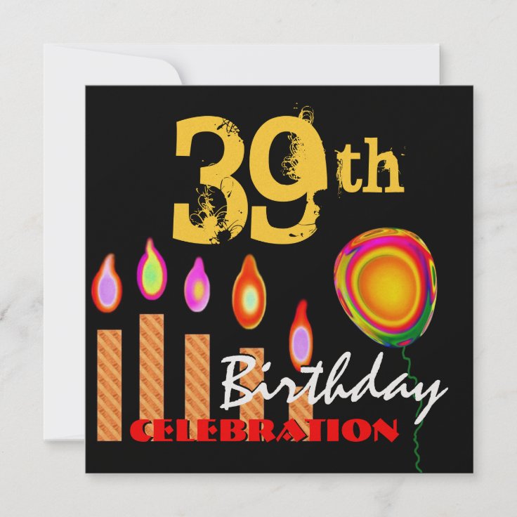 39th Birthday Gold Candles and Balloon Metallic Invitation | Zazzle