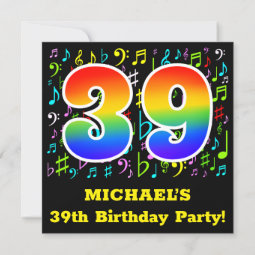 39th Birthday Party: Fun Music Symbols, Rainbow 39 Invitation | Zazzle