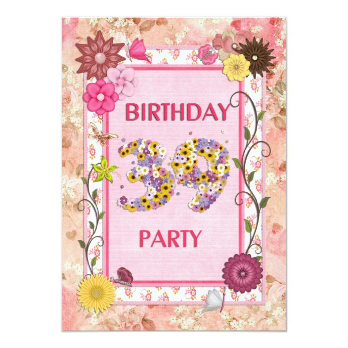 39th birthday party invitation with floral frame | Zazzle.com