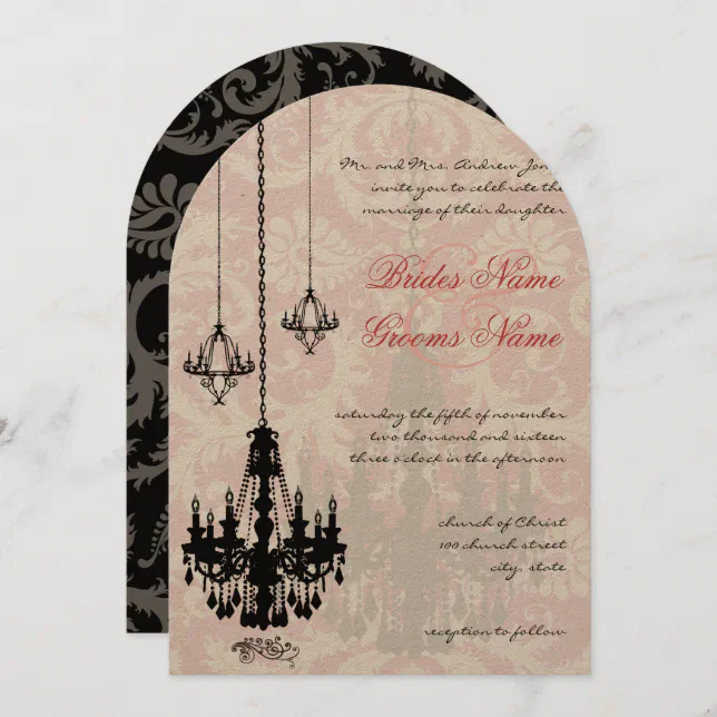 3 Black Chandeliers Shadow Pink Damask Wedding Invitation | Zazzle