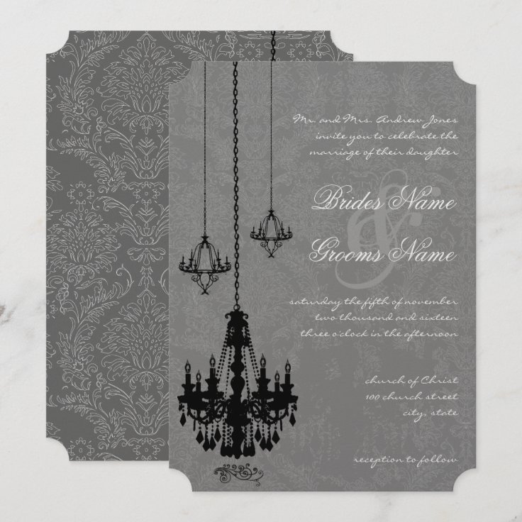 3 Black Chandeliers Shadow Silver Metallic Damask Invitation | Zazzle