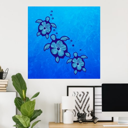3 Blue Honu Turtles Poster | Zazzle