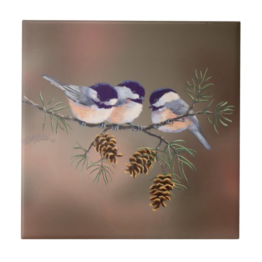 3 CHICKADEES & PINE CONES by SHARON SHARPE Tile | Zazzle.com