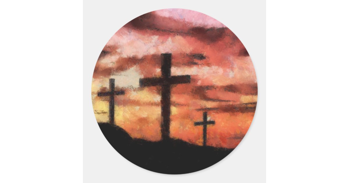 3 crosses painting classic round sticker | Zazzle