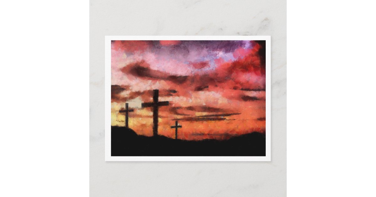 3 Crosses Sunset painting Postcard | Zazzle
