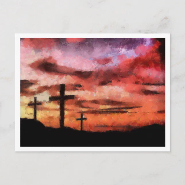 3 Crosses Sunset painting Postcard | Zazzle