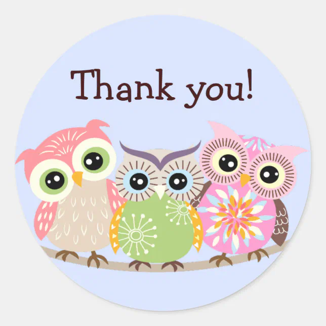 3 Cute and Colorful Owls Thank You Stickers | Zazzle