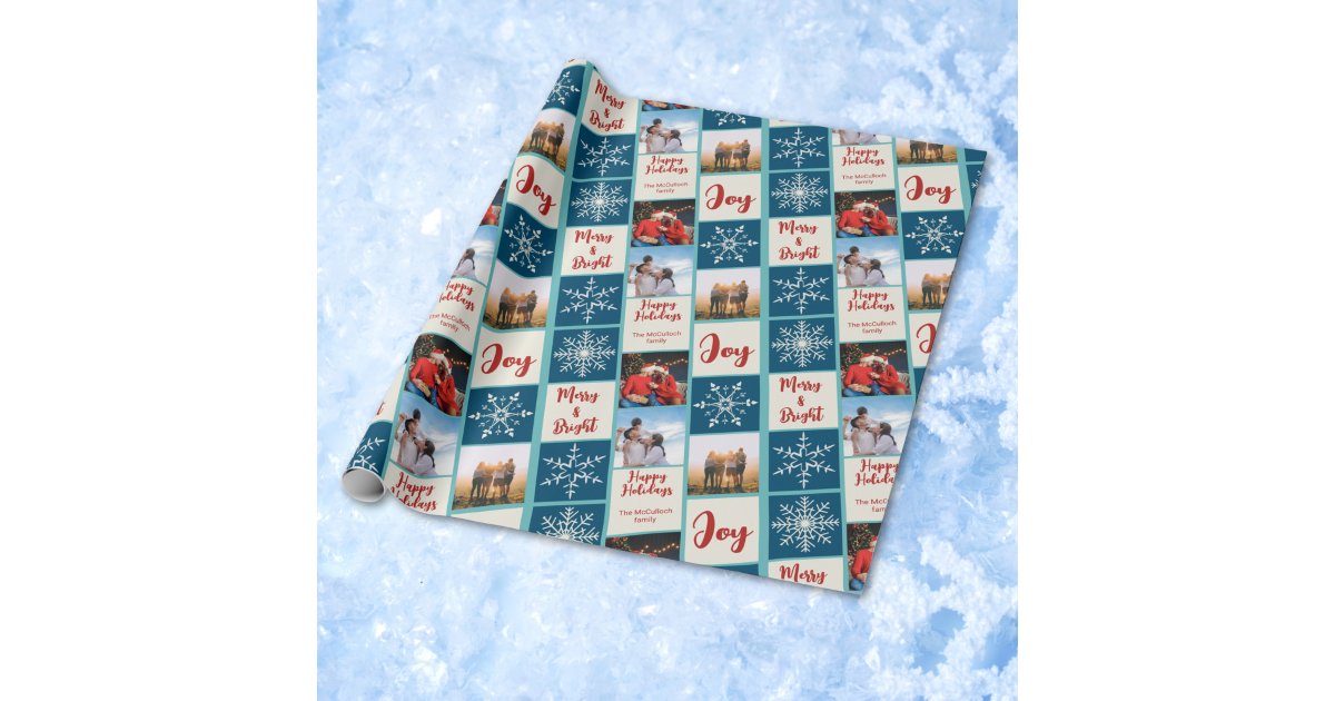 3 Family Photo Collage Script Happy Holidays 2025 Wrapping Paper | Zazzle