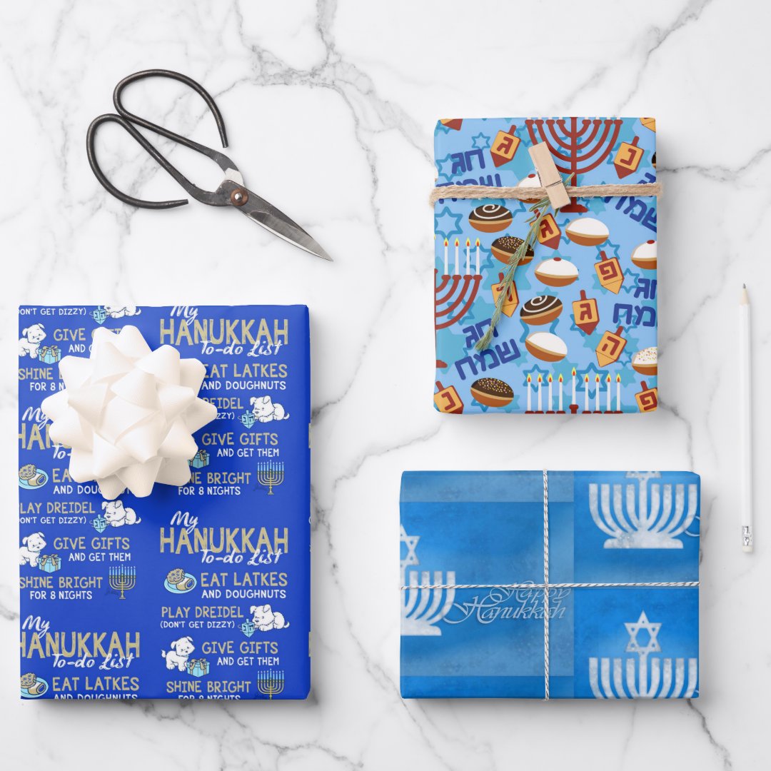 3 Hanukkah Wrapping Paper in Blues Gift Wrap | Zazzle