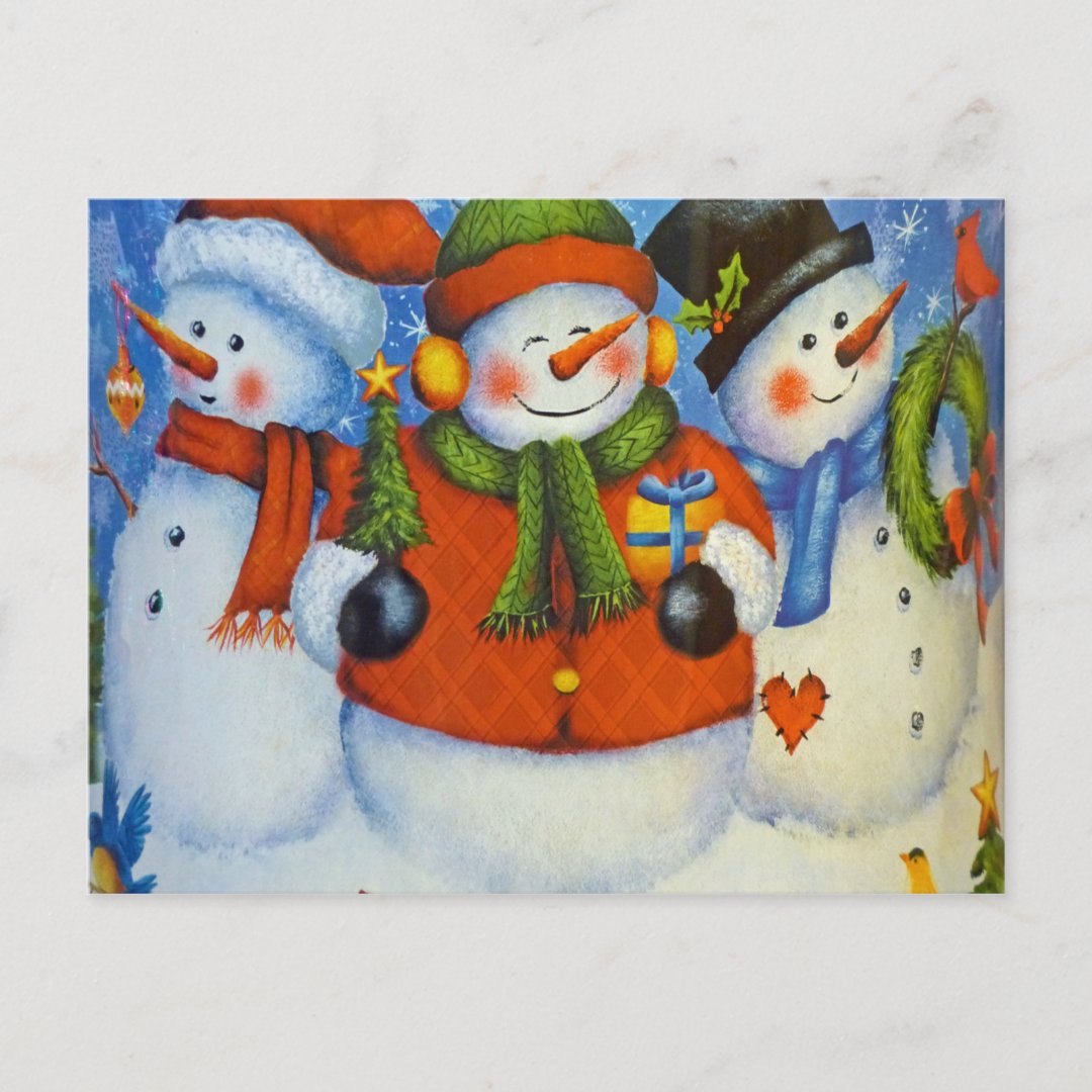 3 Happy Snowmen Postcard | Zazzle