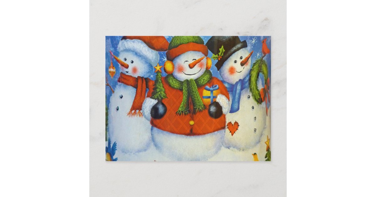 3 Happy Snowmen Postcard | Zazzle