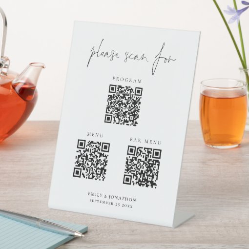 3 in One Qr Codes Bar Menu Program Script Wedding Pedestal Sign | Zazzle