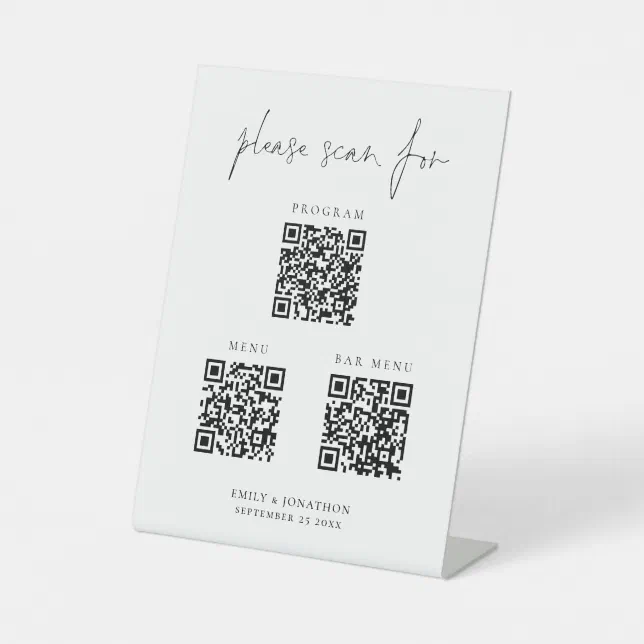 3 in One Qr Codes Bar Menu Program Script Wedding Pedestal Sign | Zazzle