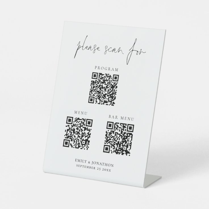 3 in One Qr Codes Bar Menu Program Script Wedding Pedestal Sign | Zazzle