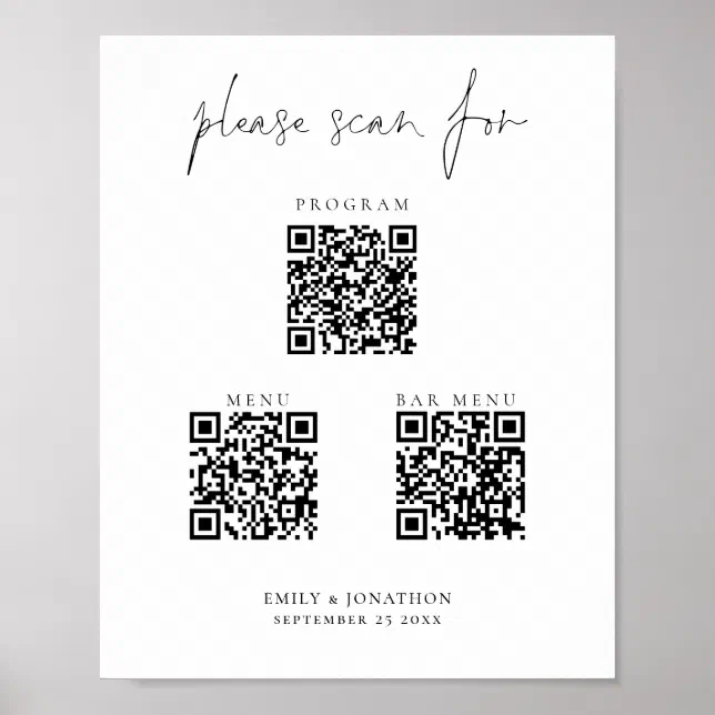 3 in One Qr Codes Bar Menu Program Script Wedding Poster | Zazzle