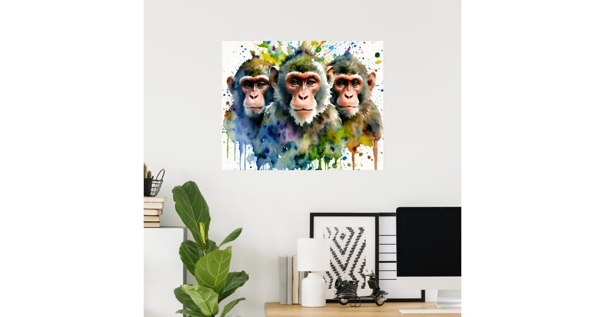 3 Monkeys Colorful Watercolor Art Poster | Zazzle
