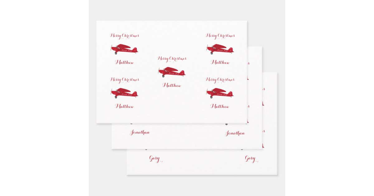 3 Name Set Merry Christmas Personalized Airplane Wrapping Paper Sheets ...