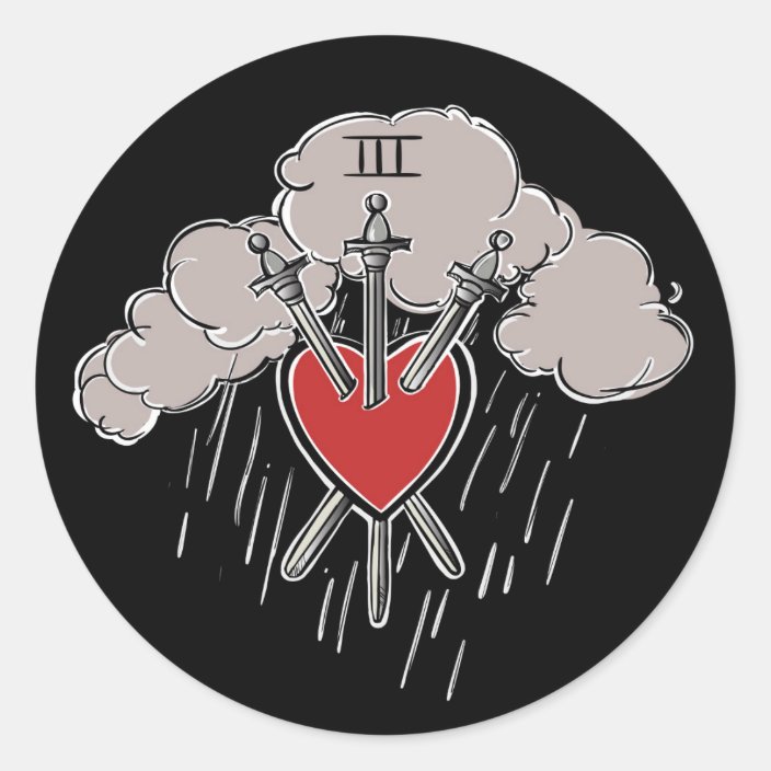 3 of Swords Love Heart Tarot Illustration Three Classic Round Sticker ...