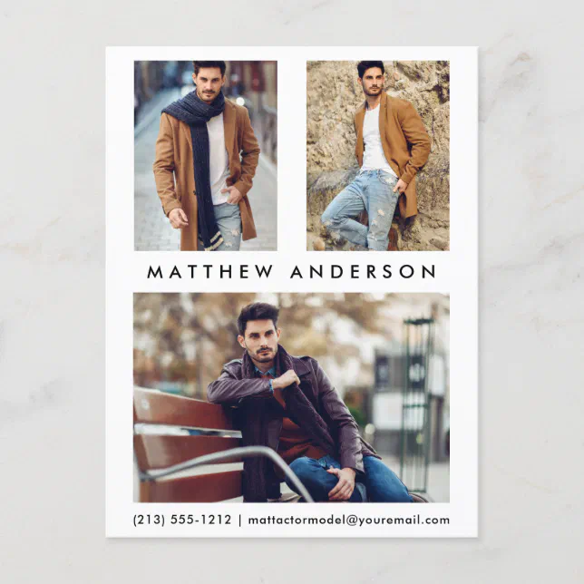 3 Photo Actor Model Comp Card Postcard W | Zazzle