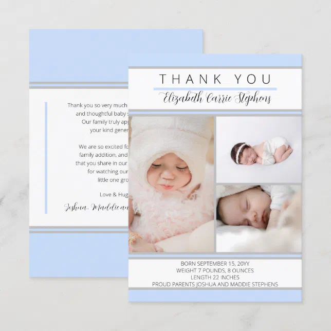 3 Photo Blue White Baby Shower |Birth Announcemen Thank You Card | Zazzle