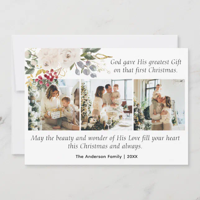 3 Photo Christian Bible Verse Floral Christmas Holiday Card | Zazzle