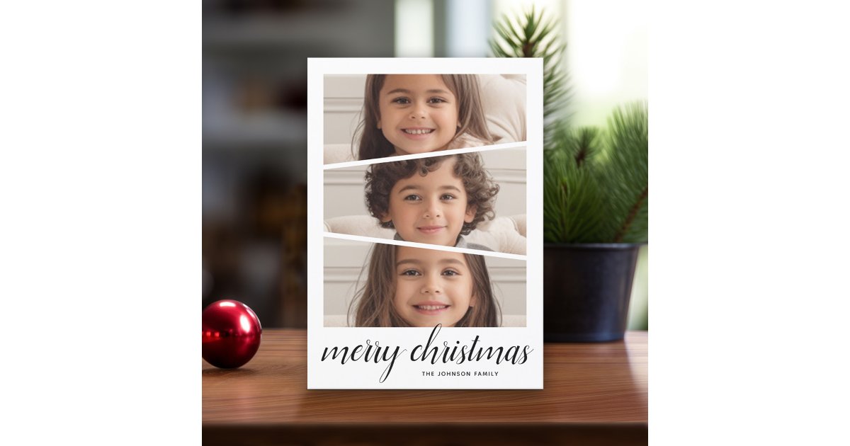 3 Photo Christmas Script - Retro Half Moon Pattern Holiday Card | Zazzle