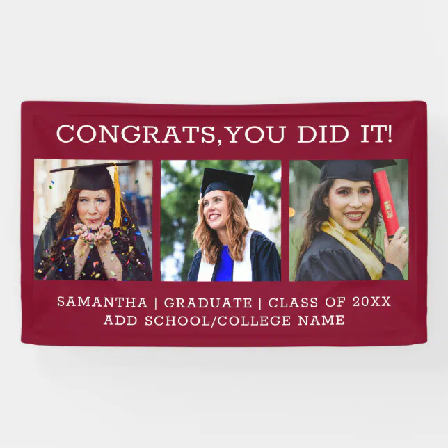 3 Photo Collage Congrats 2021 Graduate Burgundy Banner | Zazzle